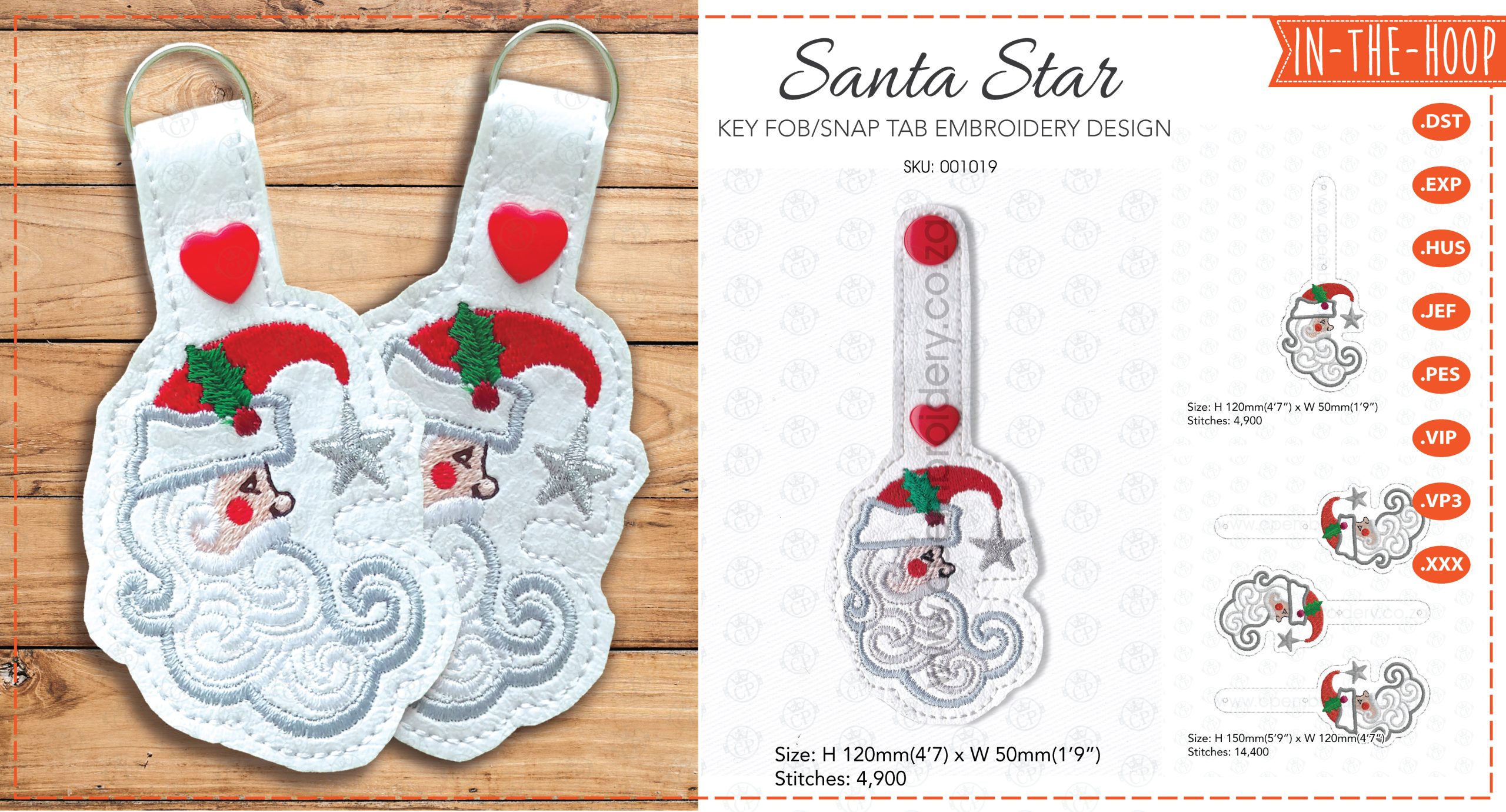 Santa Star Key Fob | Snap Tab | ITH ITH Embroidery Design - Couture ...