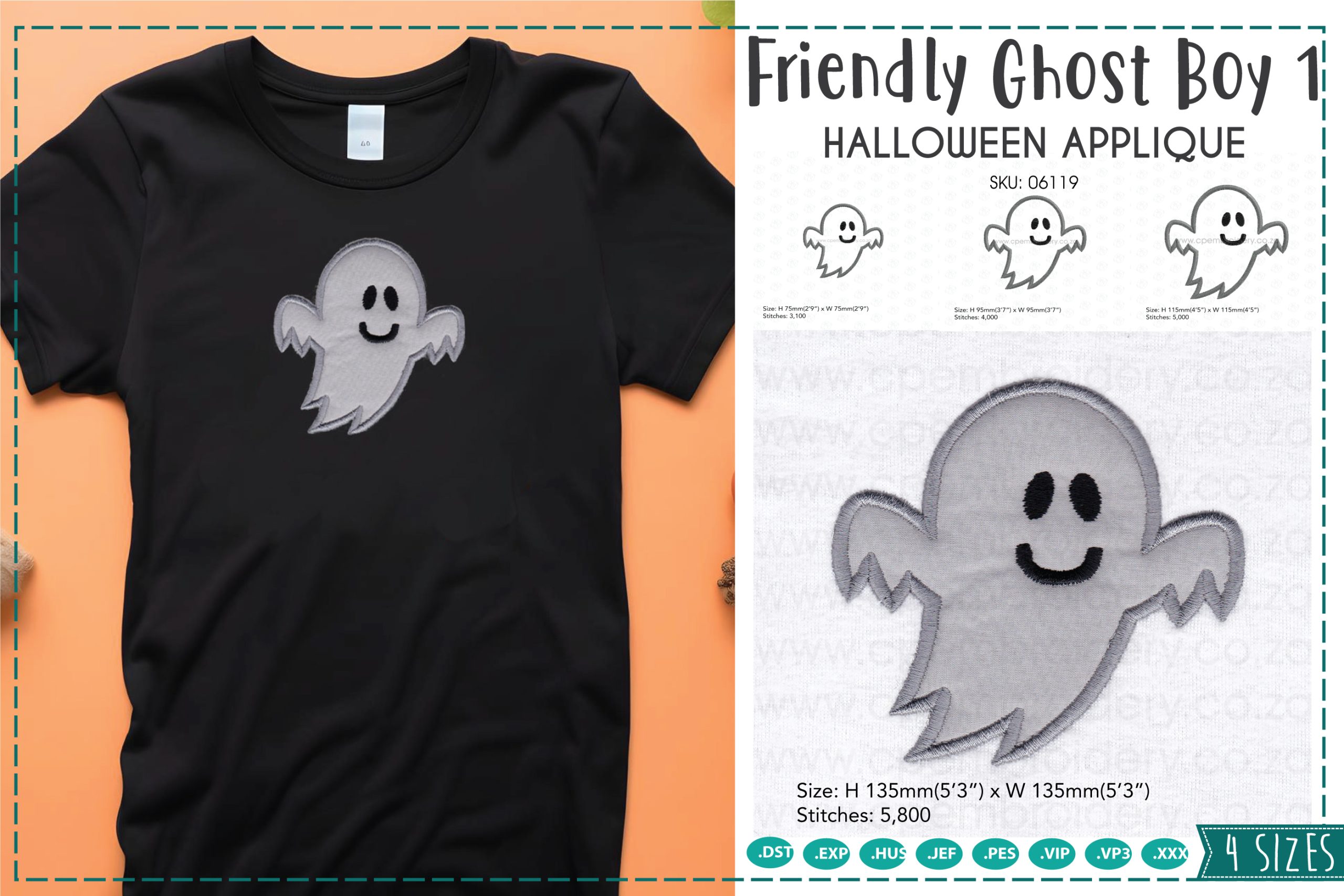 Friendly Ghost Boy 1 Halloween Appliqué - Couture Princess Embroidery